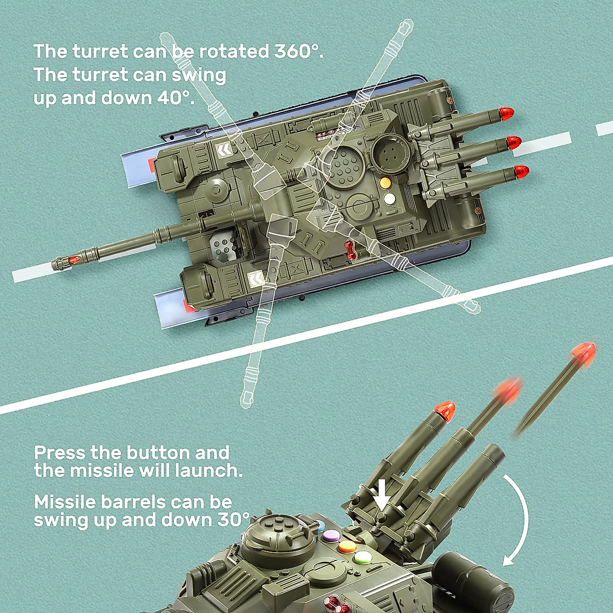 CUTE STONE Military Vehicles Set, Battle Tank Toy with Light and Sound, Rotating Turret and Missile, 4 Pack Die-cast Army Cars, Great Military Toy Tank Toy for Boy Kids