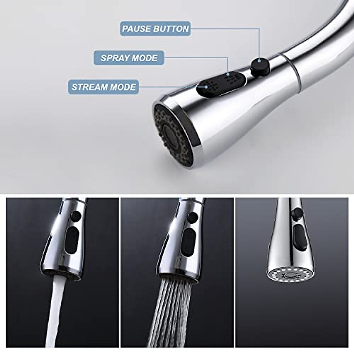 BANGPU Pull Out Faucet Sprayer Head Replacement 3 Function Kitchen Bathroom Sink Facuets Spray Nozzle Part Pull Down Spray Head for Kitchen Sink Faucets, Chrome Polished