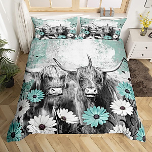 Highland Cow Print Duvet Cover Cowgirl Gifts for Women Girls, Western Farmhouse Bedding Set Queen Cattle Farm Animal Comforter Cover, Rustic Flowers Daisy Quilt Cover, Teal Graffiti Room Decor