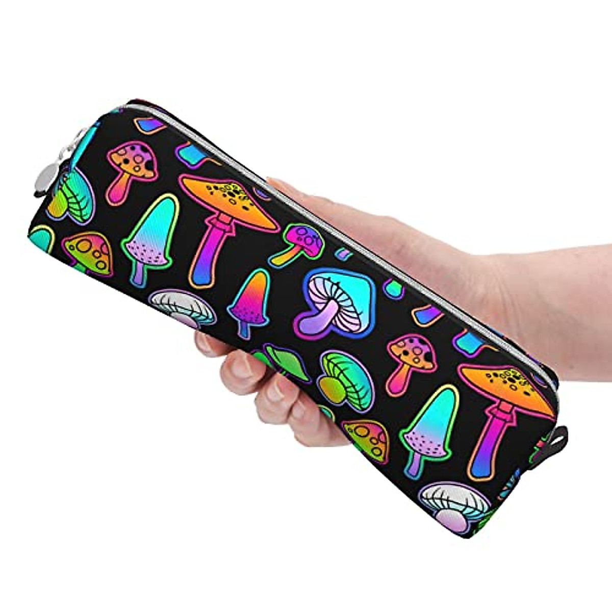 Colorful Mushroom Leather Pencil Case Bag for Girls Boys Lightweight Durable Pen Pouch with Brass Zipper, Organizer Box Change Coins Bag