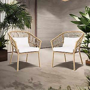 ME2 Outdoor Set of 4 Patio Dining Chairs, Bamboo Wove Dinning Chairs with Cushion,Outdoor Seating Set for Backyard, Poolside, Balcony, Indoor,Garden