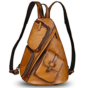 IVTG Genuine Leather Sling Bag Crossbody Casual Hiking Daypack Vintage Handmade Chest Bag Shoulder Backpack Motorcycle Pack Rucksack (Brown)