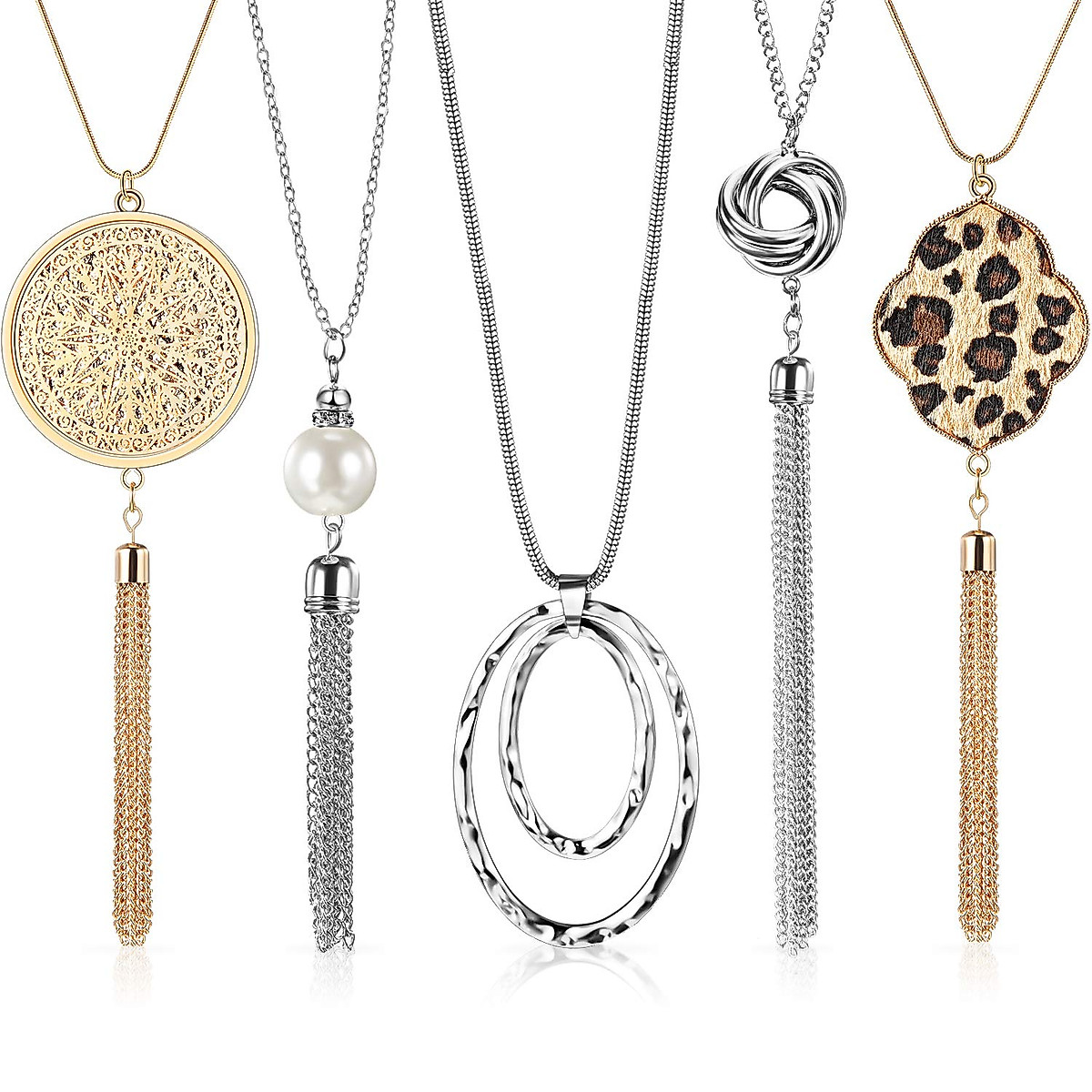 Hicarer 5 Pieces Tassel Long Necklaces for Women Knot Disk Tassel Statement Boho Sweater Chain Necklace Set (Chic Style)