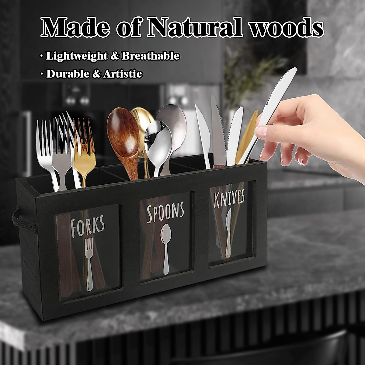 Mibcocny Wood Utensil Caddy For Kitchen Counter, Silverware Organizer Countertop, Spoon And Fork Organizer With Handles, Flatware Cutlery Knife Holder For Party Hosting Storage (Black)