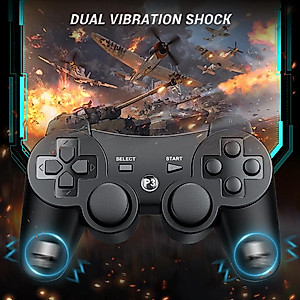 OKHAHA Controller 2 Pack for PS3 Wireless Controller for Sony Playstation 3, Double Shock 3, Bluetooth, Rechargeable, Motion Sensor, Remote for PS3 (No Stripes(Black + Blue))