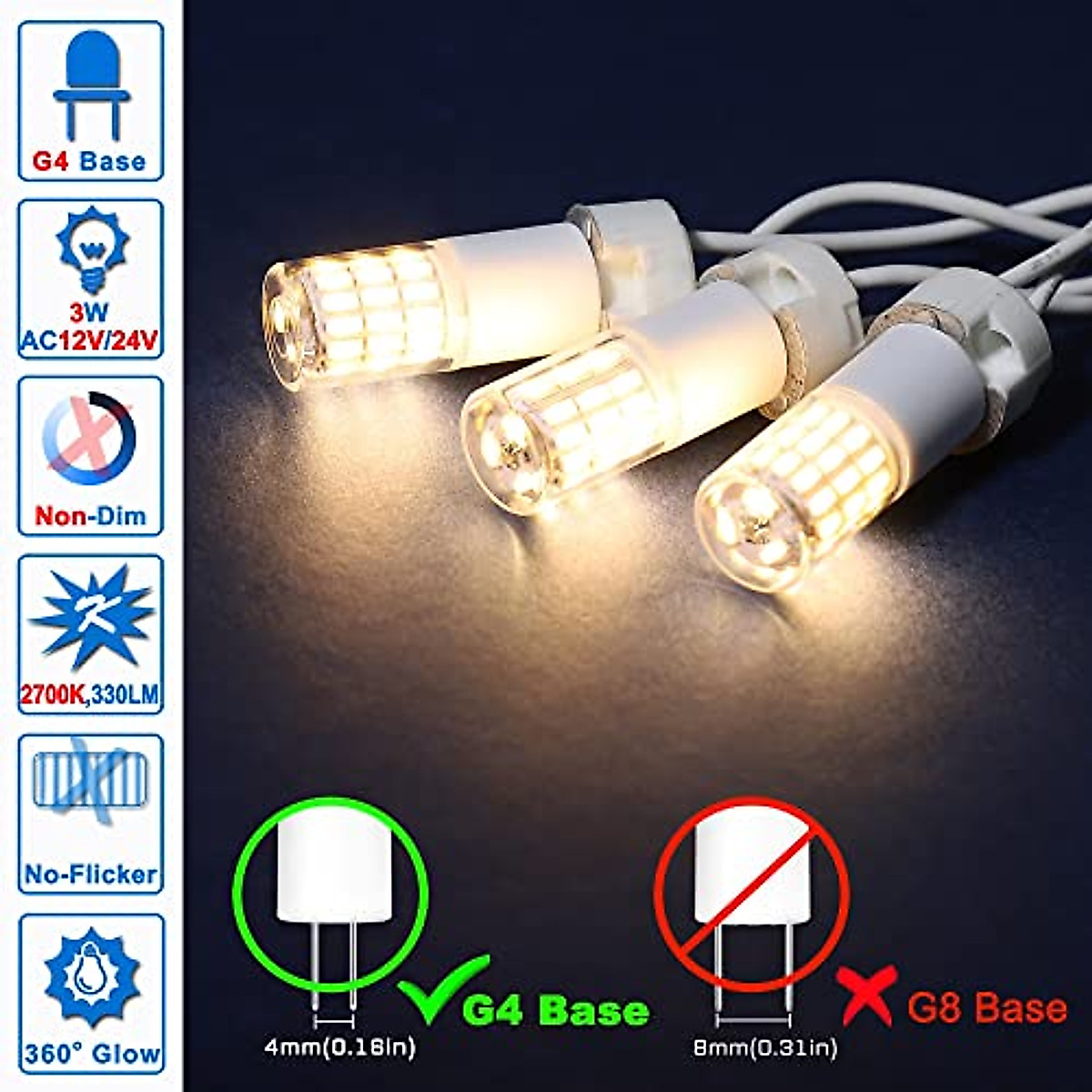 Ziomitus G4 3W LED Landscape Light Bulbs 12V-24V Warm White 2700K,G4 20 Watt 25W 30W T3 Halogen Replacement,Low Voltage G4 T3 JC Bi-pin Bulb for RV Boat Yacht Courtyard Path,No Flicker,330LM(10Pack)