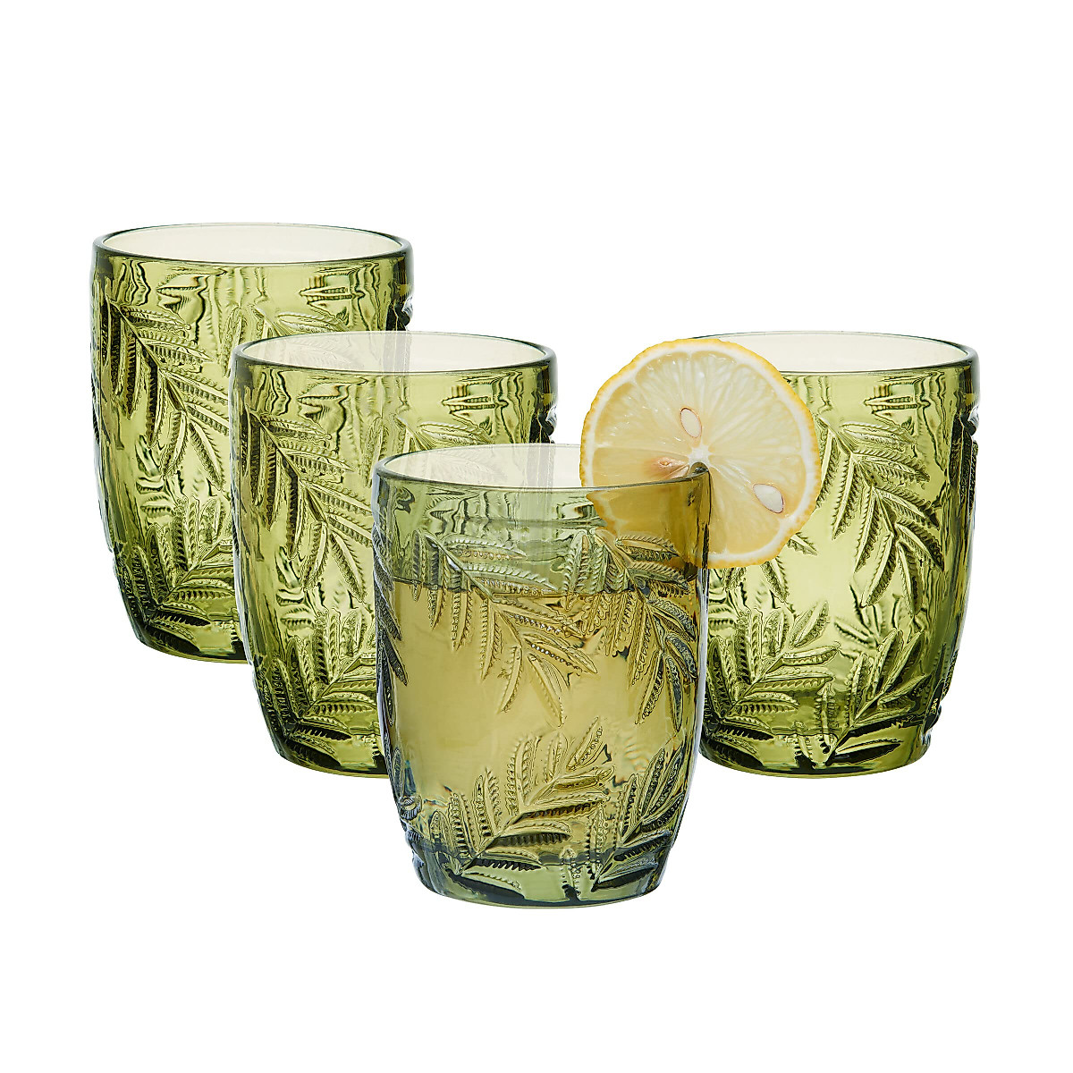 Fitz and Floyd Villa Palm Rocks Double Old Fashioned, Set of 4, Green