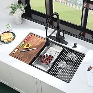 33 Inch Black Stainless Steel Undermount Kitchen Sink - iAnomla 33x19x10 Undermount Workstation Sink 16 Gauge Gunmetal Black Deep Single Bowl Kitchen Sink with Cutting Board & Colander