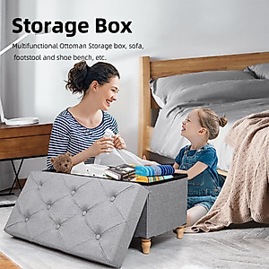 GLAXYFUR Storage Ottoman with Wooden Legs, Folding Storage Bench for Living Room, 30" Linen Fabric Ottoman Foot Rest Stool (Linen, Light Grey)