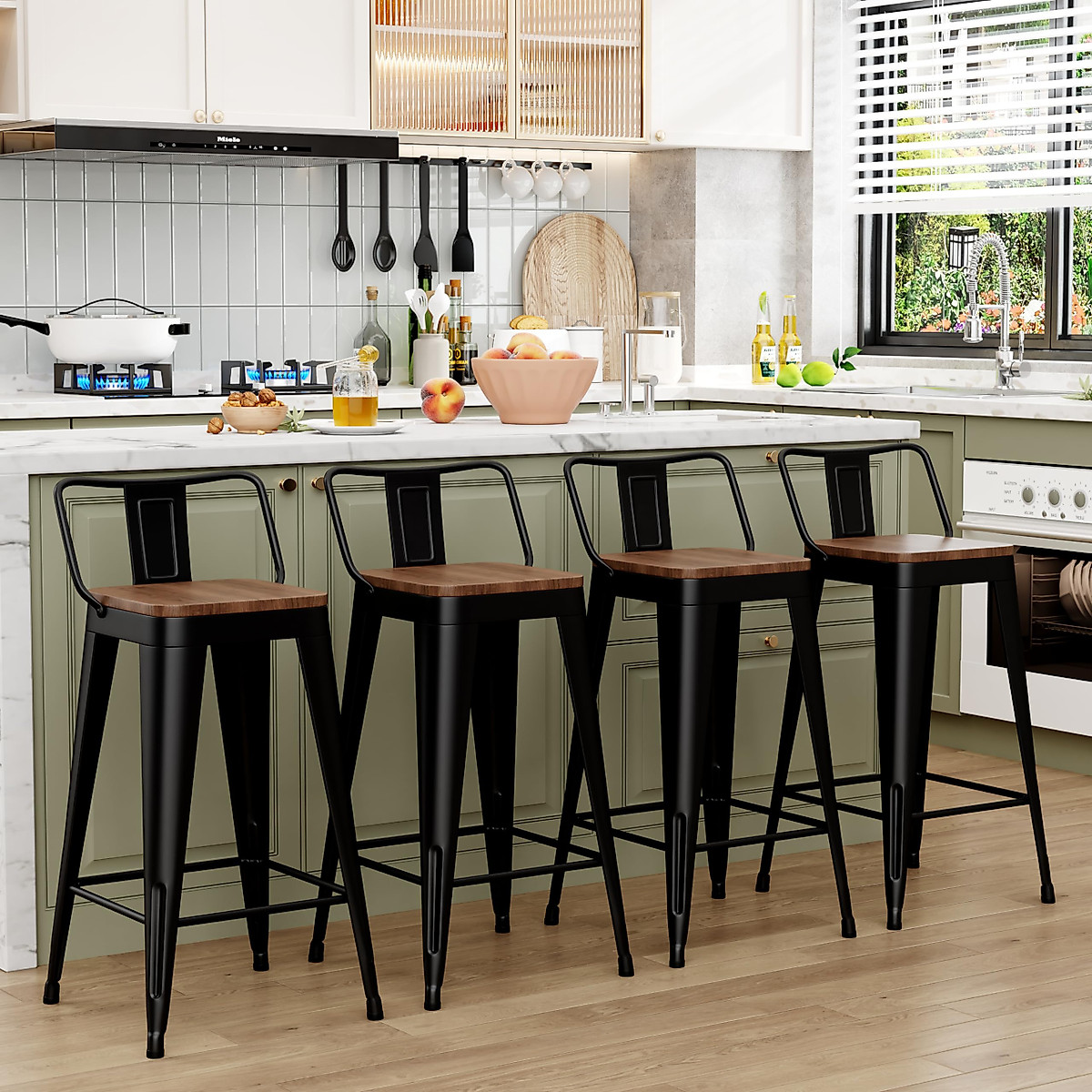 WENTMENT Metal Bar Stools Set of 4 Counter Height Bar Stools Barstools with Removable Back 24" Kitchen Bar Stools with Wooden Seat, Black