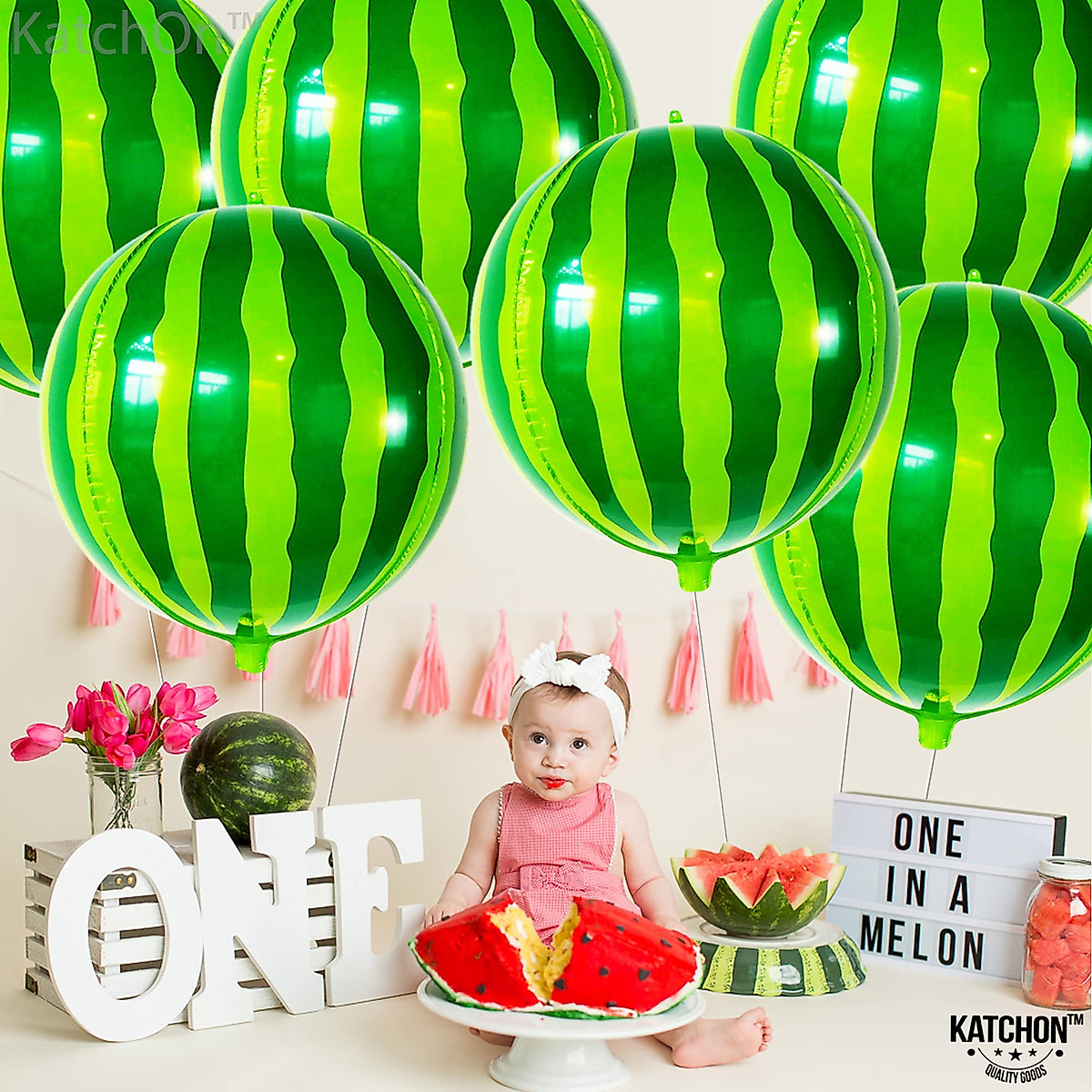 KatchOn, Big 22 Inch Watermelon Balloons - Pack of 6 | One In A Melon Party Decorations | 4D Round Watermelon Balloon, Watermelon Decorations | Watermelon Mylar Balloon, Watermelon Party Supplies