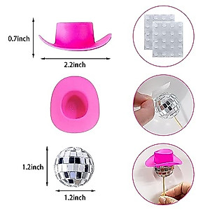 48Pcs Disco Cowgirl Cake Decoration, 24Pcs Disco Ball Cup Toppers 24Pcs Mini Pink Cowgirl Hats Cow Print Cowboy Hats Westen Cowgirl Party Favor Birthday Table Decor