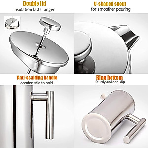 French Press Coffee Maker,Espresso And Tea Maker with Triple Filters,Stainless Steel 304 with Double-Wall Insulated Coffee Presser And Tea Pot