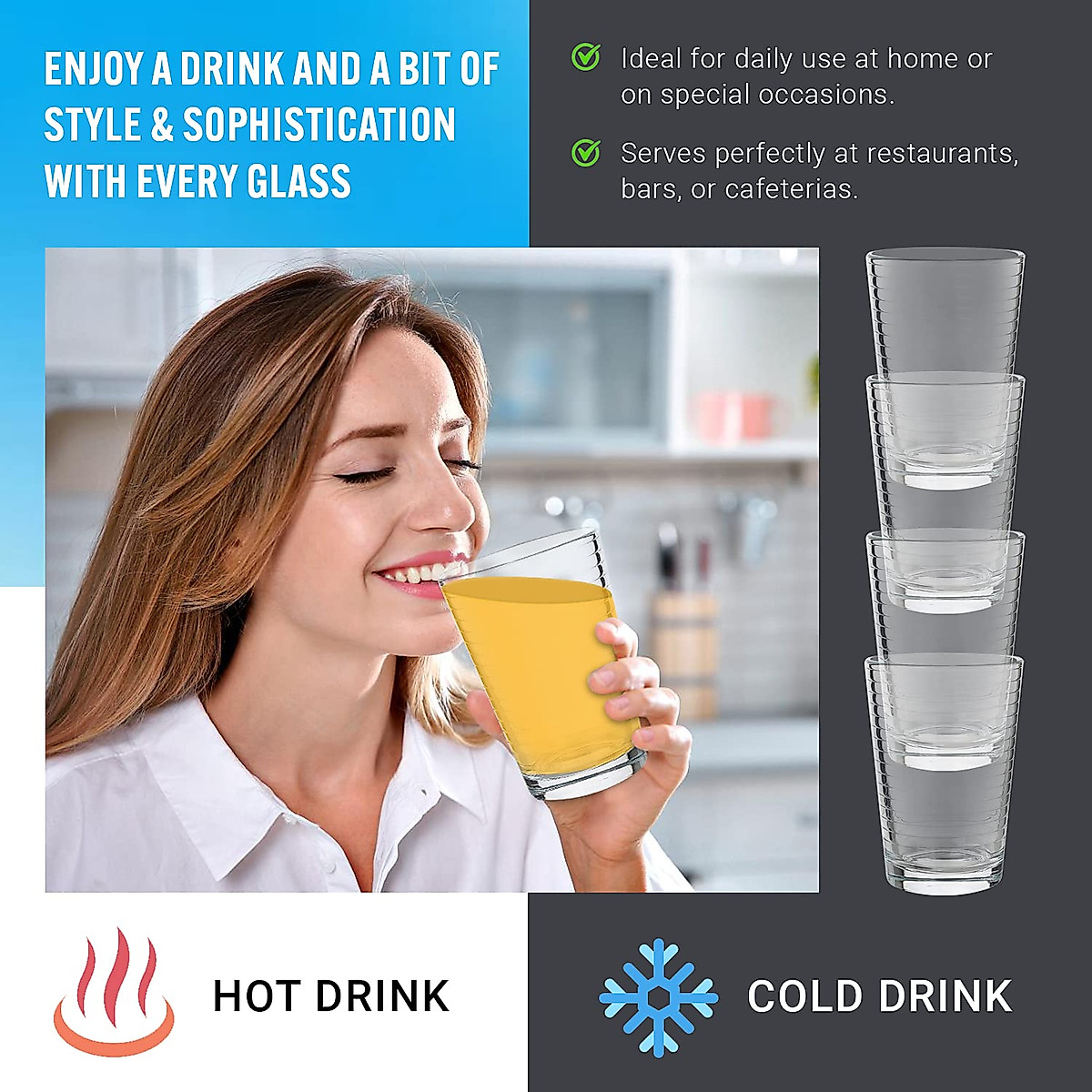 Yumchikel Juice Glasses 7 oz. Set Of 4 Glass Cups - Drinking Beverage Tumblers for Soda, Water, Milk, Coke, and Spirits, Durable and Dishwasher Safe Heavy Bottom Juice Glassware-For Home and Bars