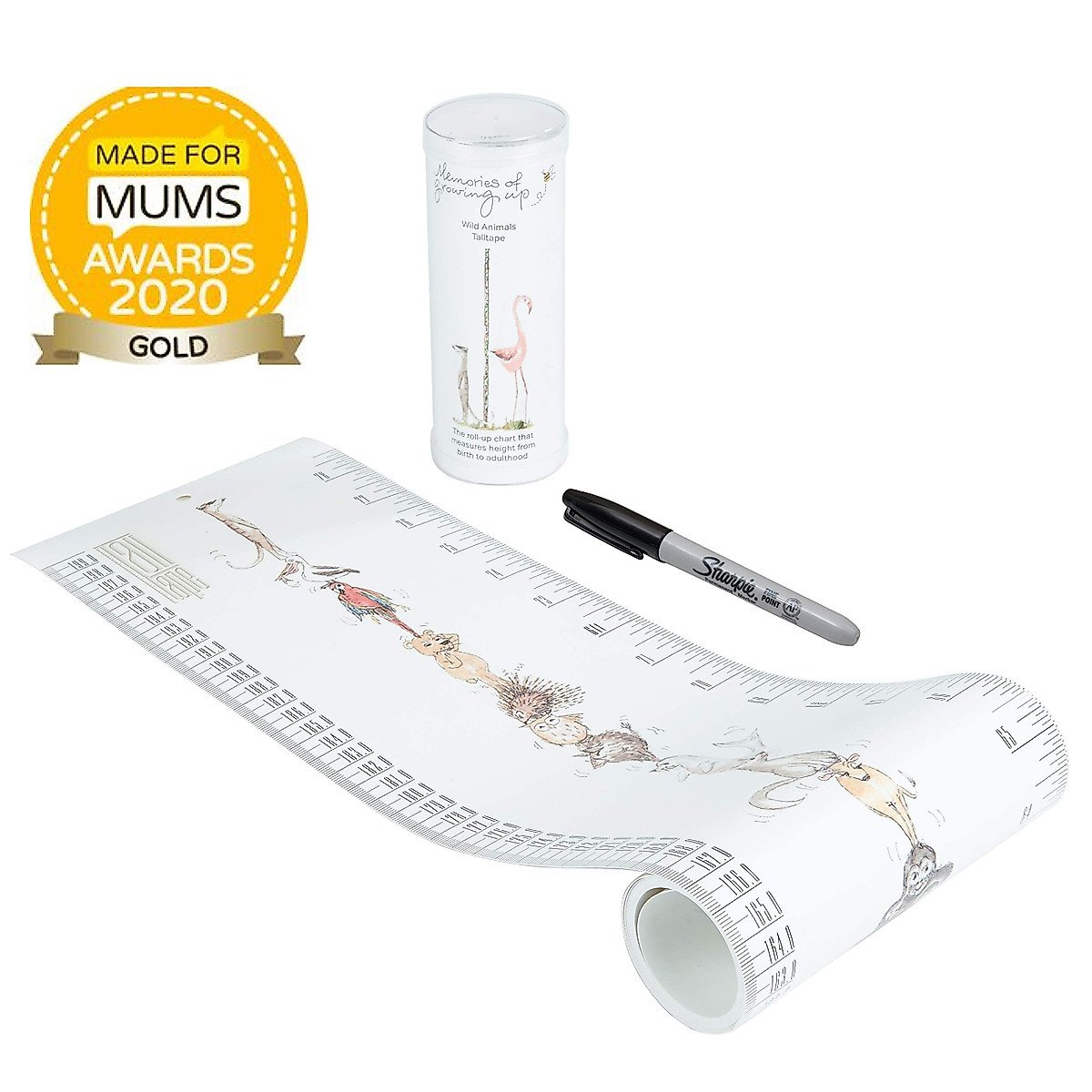 TALLTAPE - Portable Roll-up Height Chart Plus 1 Sharpie Marker Pen to Measure Children Growth from Birth, Choice of 10 Designs, a Memento for Life (Luxury Wild Animal, Large Talltape)
