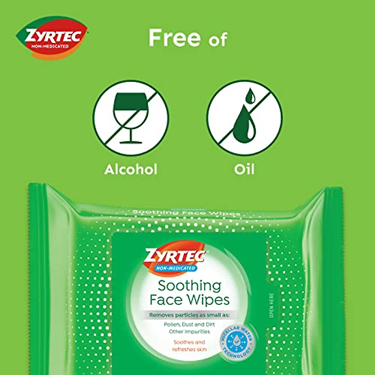Zyrtec Soothing Face Wipes, Refreshing Non-Medicated Facial Towelettes with Micellar Water to Remove Particles as Small as Dust, Pollen & Dirt, Alcohol- & Oil-Free, 2 x 25 ct