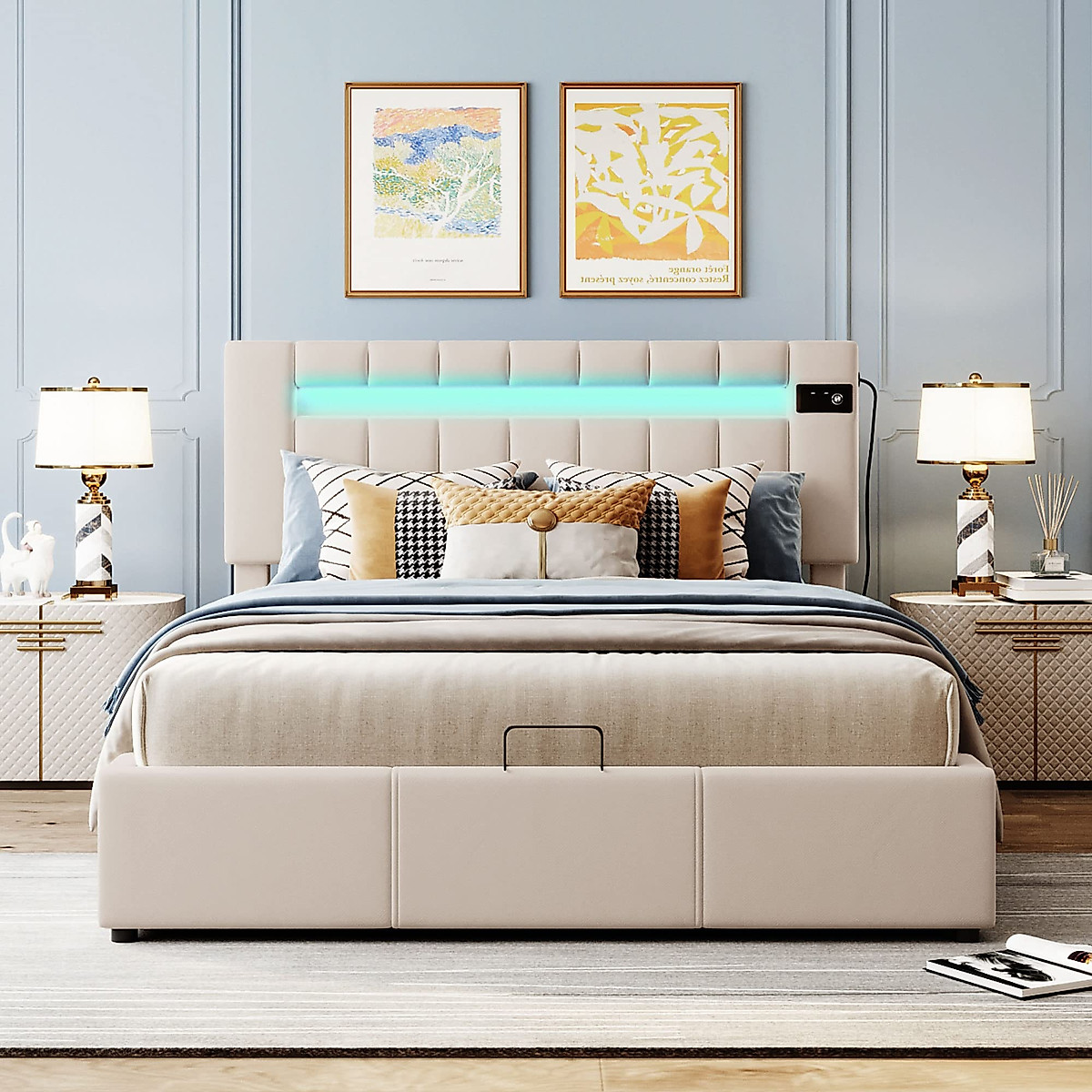 Harper & Bright Designs Upholstered Queen Platform Bed with LED Headboard, Bluetooth Player and USB Charging, Velvet Fabric Queen Size Bed with Lift Up Storage, No Box Spring Needed (Beige)