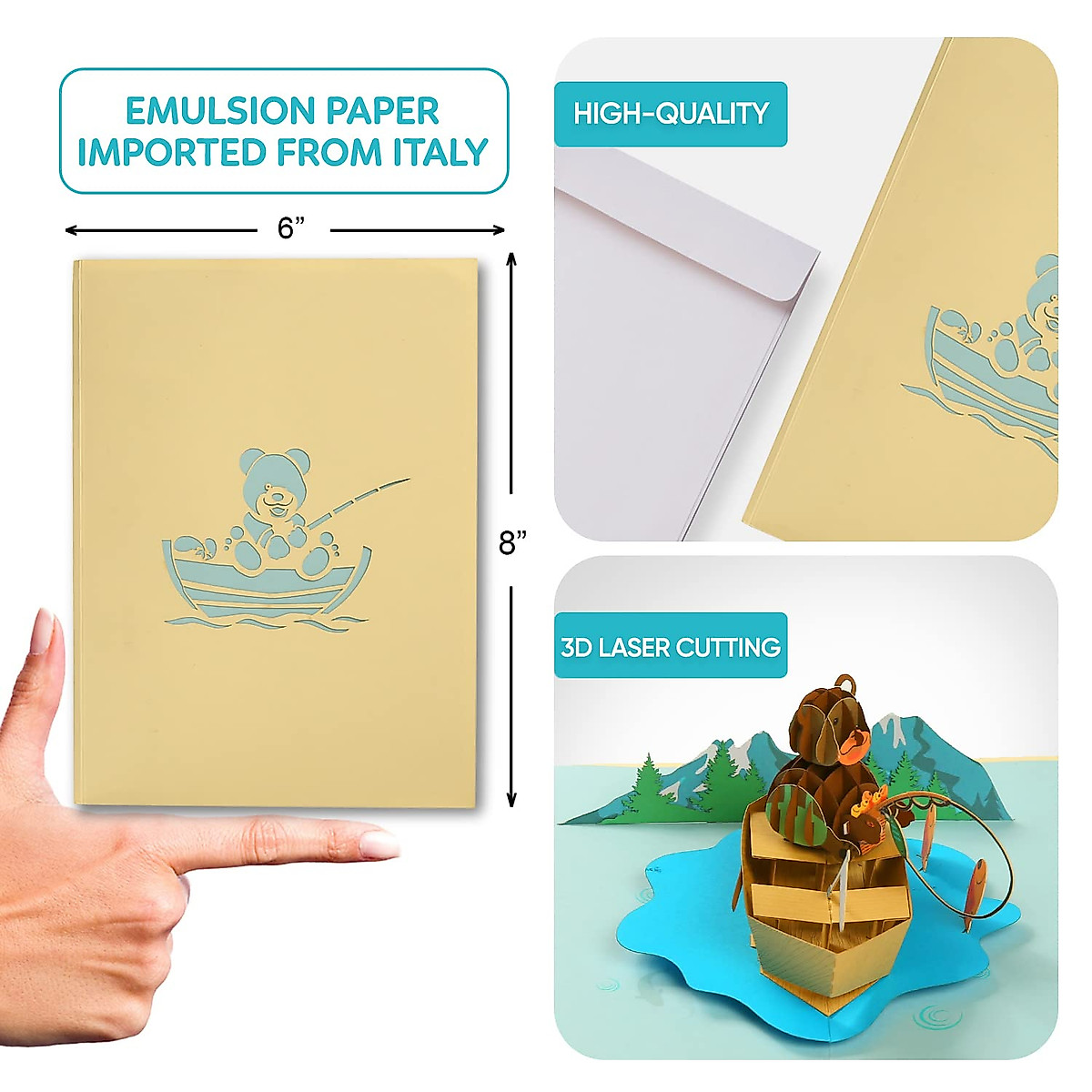 CUTE POPUP - Bear Fishing Boat Pop Up Card, Pop Up Birthday Cards, Pop Up Cards Thinking of You, Greeting Card, Just Because, Pop Up Card Fathers Day, Perfect Present for Fisherman, Dad or Man