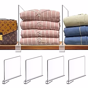 4 Pack Acrylic Shelf Dividers for Closet Organization, Plastic Shelve Divider for Clothes, Closet Dividers for Shelves Shelf Organizer for Closet Shelf Organizer for Wood Closet Separator Clear