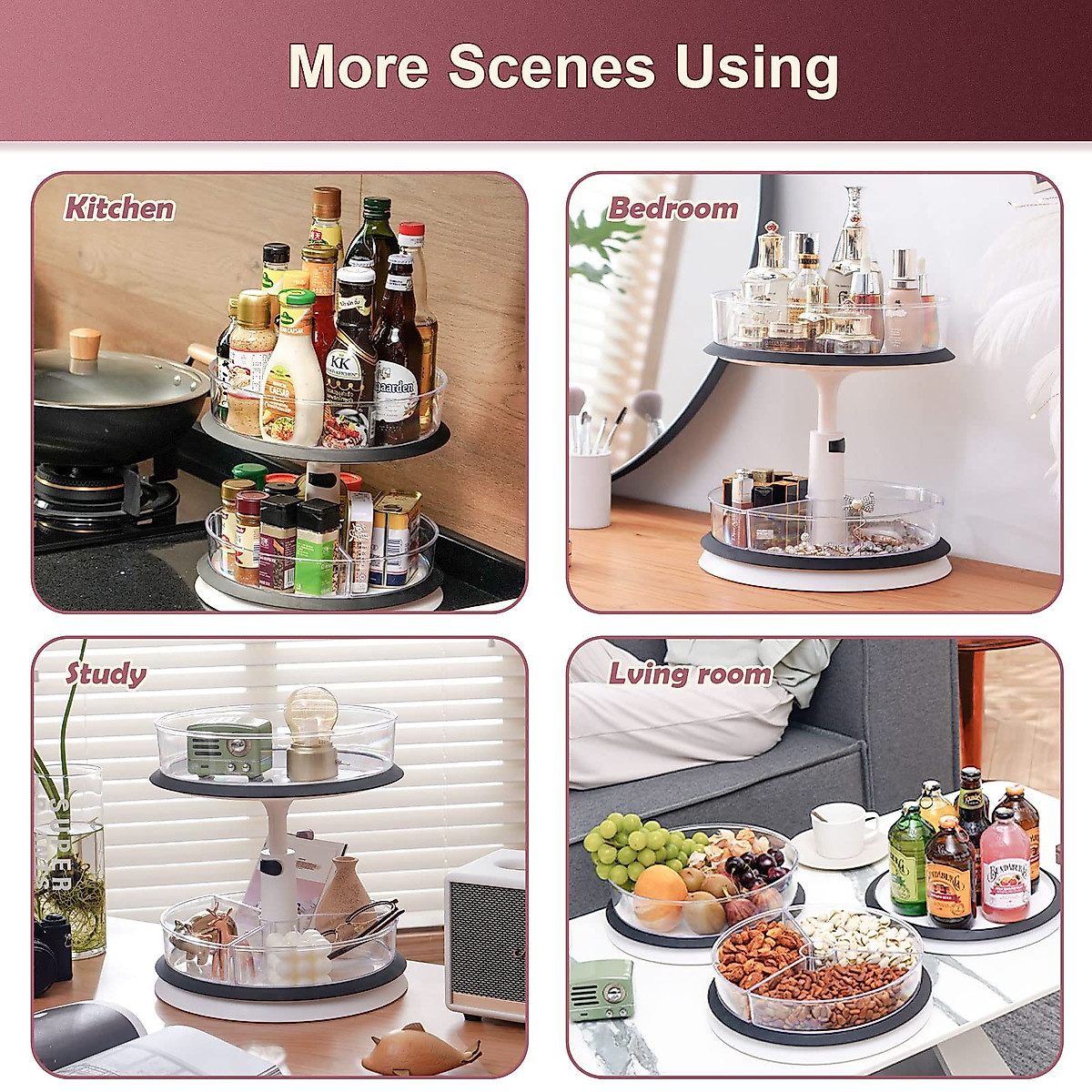 2 Tier Lazy Susan Organizer Clear Turntable for Cabinet Bathroom Countertop and Pantry with Large Spice Rack (11 Inch, White)