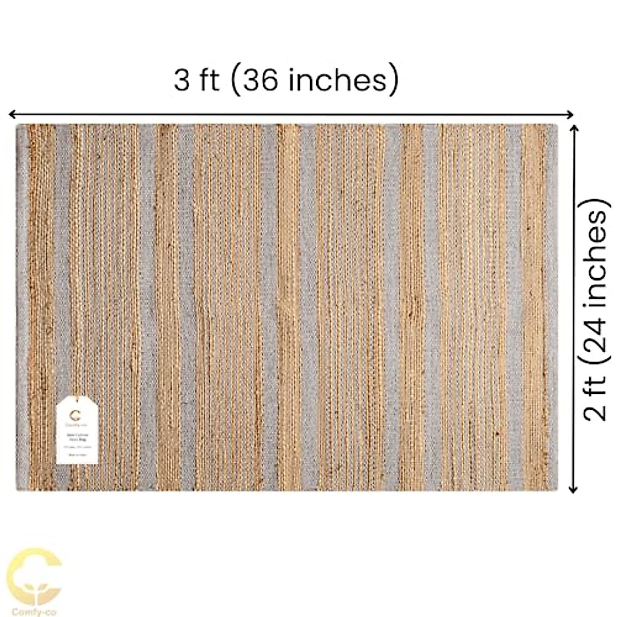 Comfy-co Area Rug 2x3 ft - Hand-Woven Jute Cotton Area Rug Boho Farmhouse Rustic - Non Slip Floor Rug for Bedroom Living Room Kitchen Dorm Entryway Hallway - Area Rug Natural/Grey