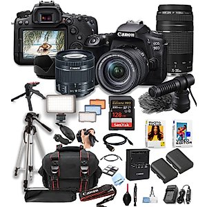 Canon EOS 90D DSLR Camera w/EF-S 18-55mm F/4-5.6 STM + 75-300mm F/4-5.6 III + 128GB Pro Speed Memory + Led Video Light + DME 100 Microphone +Case + Tripod + Software Pack-Video Bundle (Renewed)