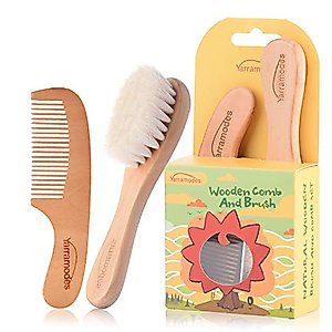 Baby Goat Hair Brush and Comb Set for Newborns & Toddlers Eco-Friendly Safe Brush for Cradle Cap Natural Wooden Comb Perfect Baby Shower and Registry Gift (Baby Hair Brush and Comb Set)