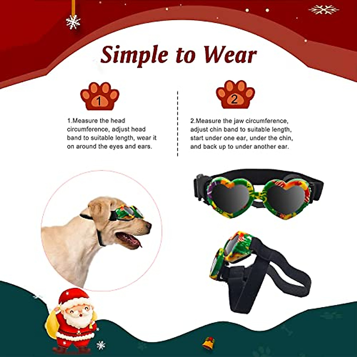 Dog Goggles, Christmas Small Dog Sunglasses, UV Protection Goggles with Adjustable Strap, Doggy Heart Shape Windproof Anti-Fog Pet Glasses for Puppy Eyes Wear Protective (Christmas-Green)