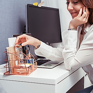 Rose Gold Desk Organizer for Women Cute Home Office Accessories & Supplies Decor, Girly Desktop Stationary Essentials Organization Set, Mesh Caddy Storage 5 Compartments +1 Mini Sliding Drawer