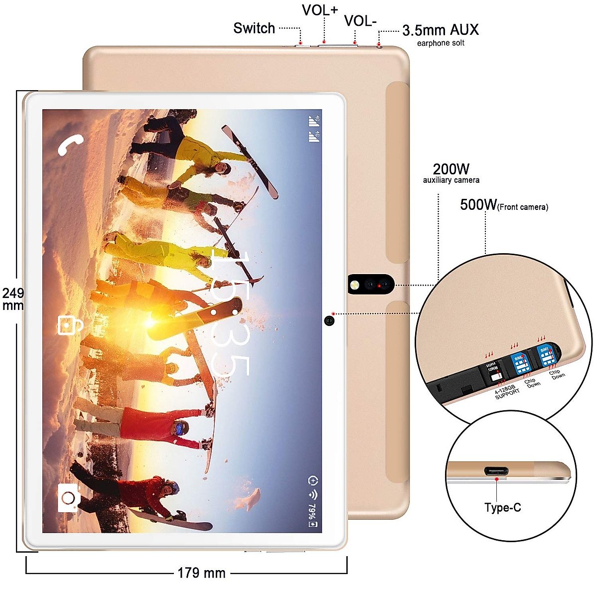 AOYODKG TAB-A22 10 Inch Tablet with Keyboard, Android 10, Octa-core Processor, 64GB Storage, 4GB RAM, 256GB Expandable, WiFi, GPS, 1920x1200 HD Display, Gold