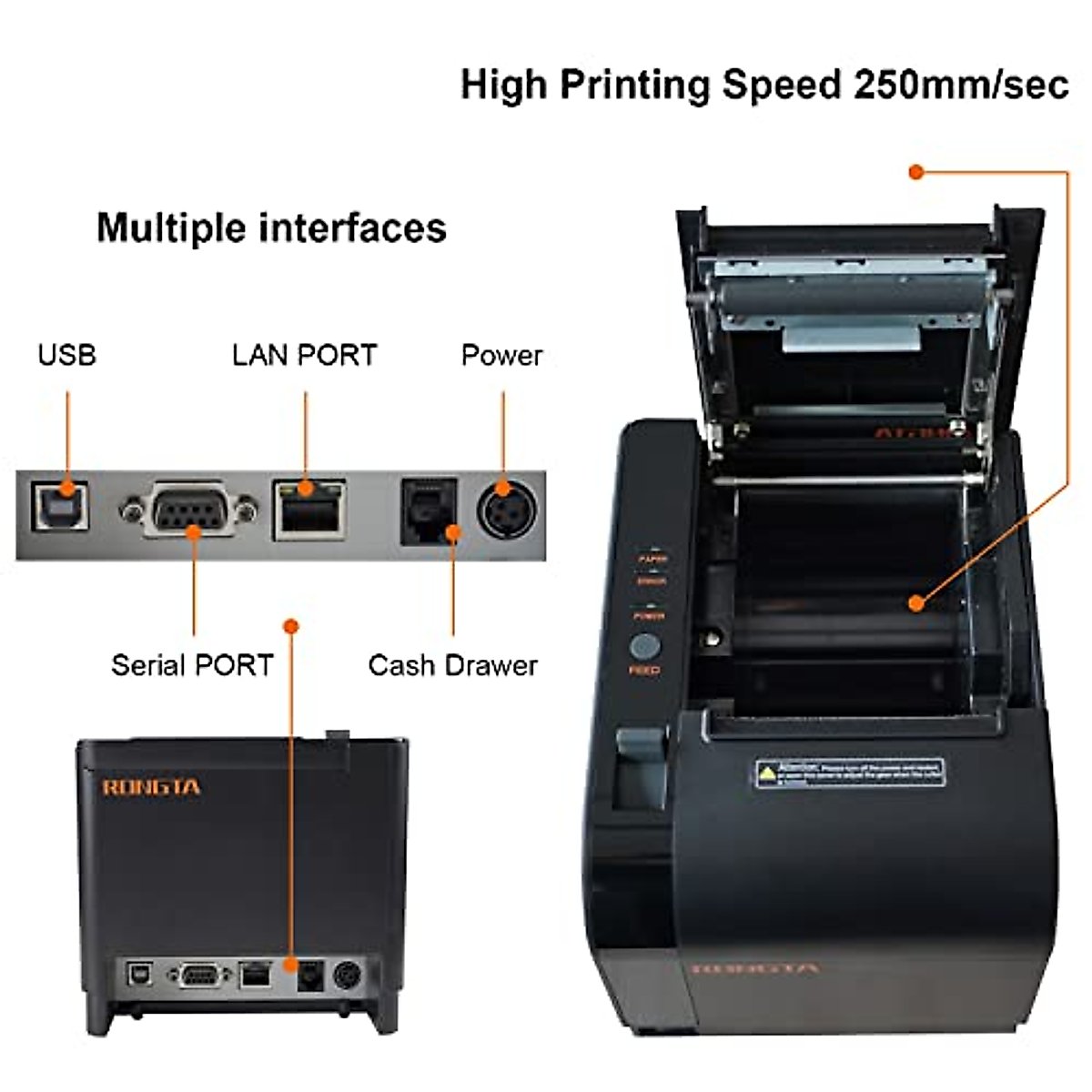 Rongta Thermal Receipt Printer, 80mm Receipt Printers, Thermal Pos Printer with Auto Cutter Support Cash Drawer,USB Serial Ethernet Support ESC/POS, Compatible with Windows/Mac/Linux (RP820)