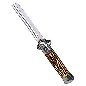 Switchblade Comb 4 Colors Switchblade Spring Folding Knife Push Button Pocket Comb Oil Hair Styling for Hair Beard or Mustache Stocking Stuffers(Imitation Cowbone)