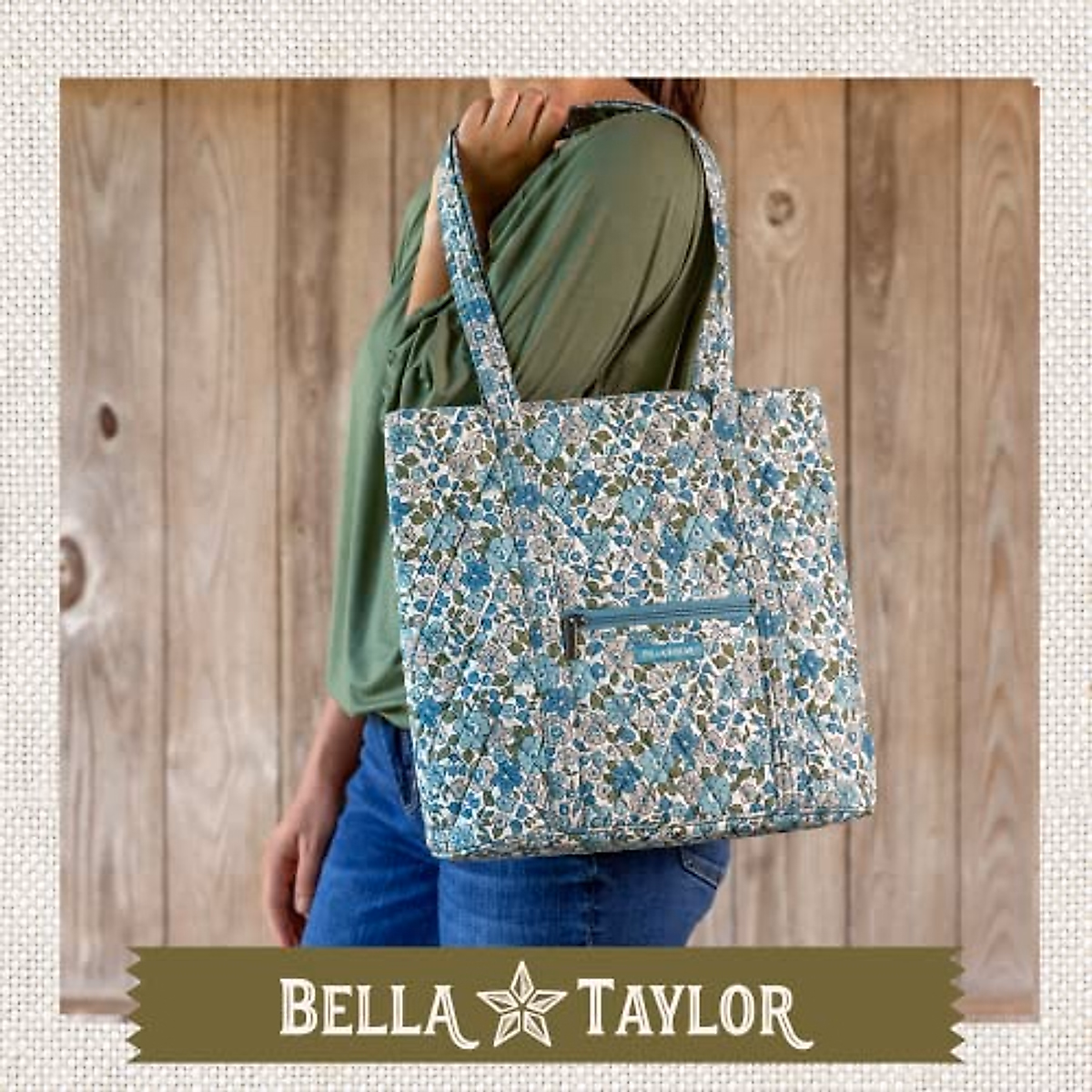 Bella Taylor Country Floral Feedsack Collection, Quilted Cotton Large Shoulder Tote Bag with Zipper for Women, Delicate Floral Blue