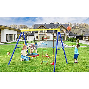 Saucer Swing Set for Backyard 4 in 1, YMERSEN Swing Set Outdoor for Kids with Steel Frames, Climbing Rope with Disc Tree Swing Play Set, and Basketball Hoop Blue