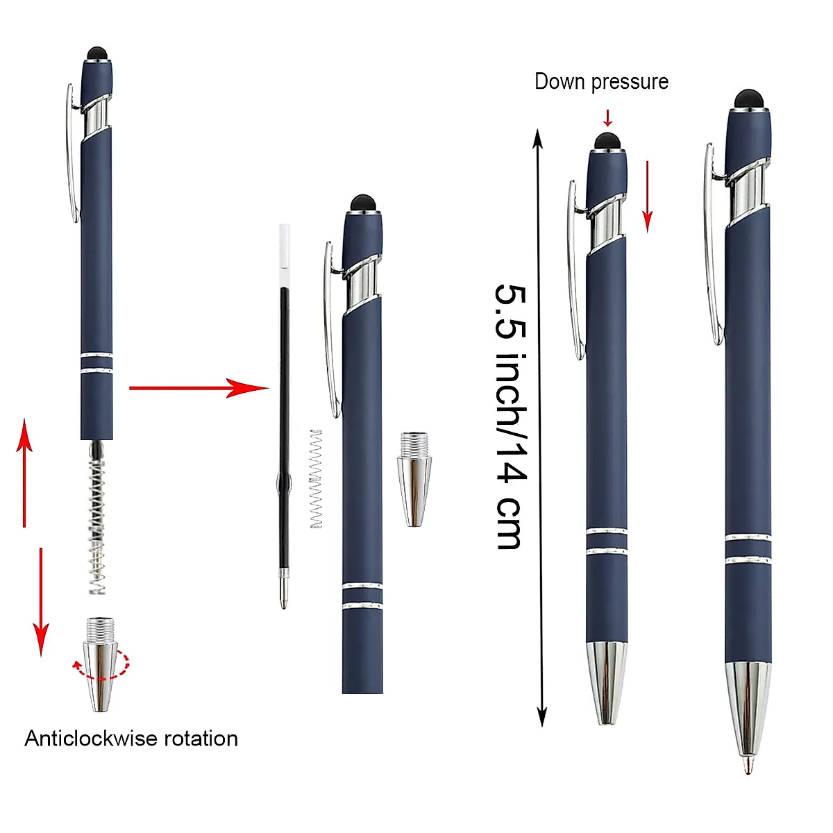 PASISIBICK 12 Pieces Blue Ballpoint Pen with Stylus Tip, 2 in 1 Stylus Stylish Pen, Premium Metal Stylus Pen for Touch Screens, Black Ink, 1.0 mm Medium Point.(12 PCS Blue)