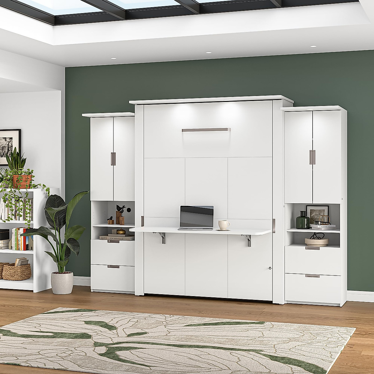 Bestar Lumina Murphy Bed with Desk and 2 Storage Cabinets in White, Sleeping Arrangement with Drawers, Queen
