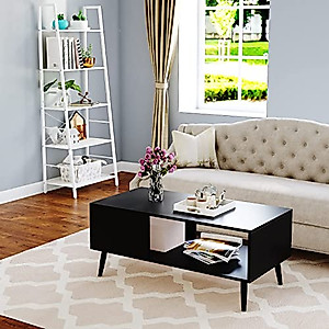 Yusong Modern Wood Coffee Table for Living Room, Retro Mid-Century Center Tables Cocktail Table with Storage Shelf for Reception, Black