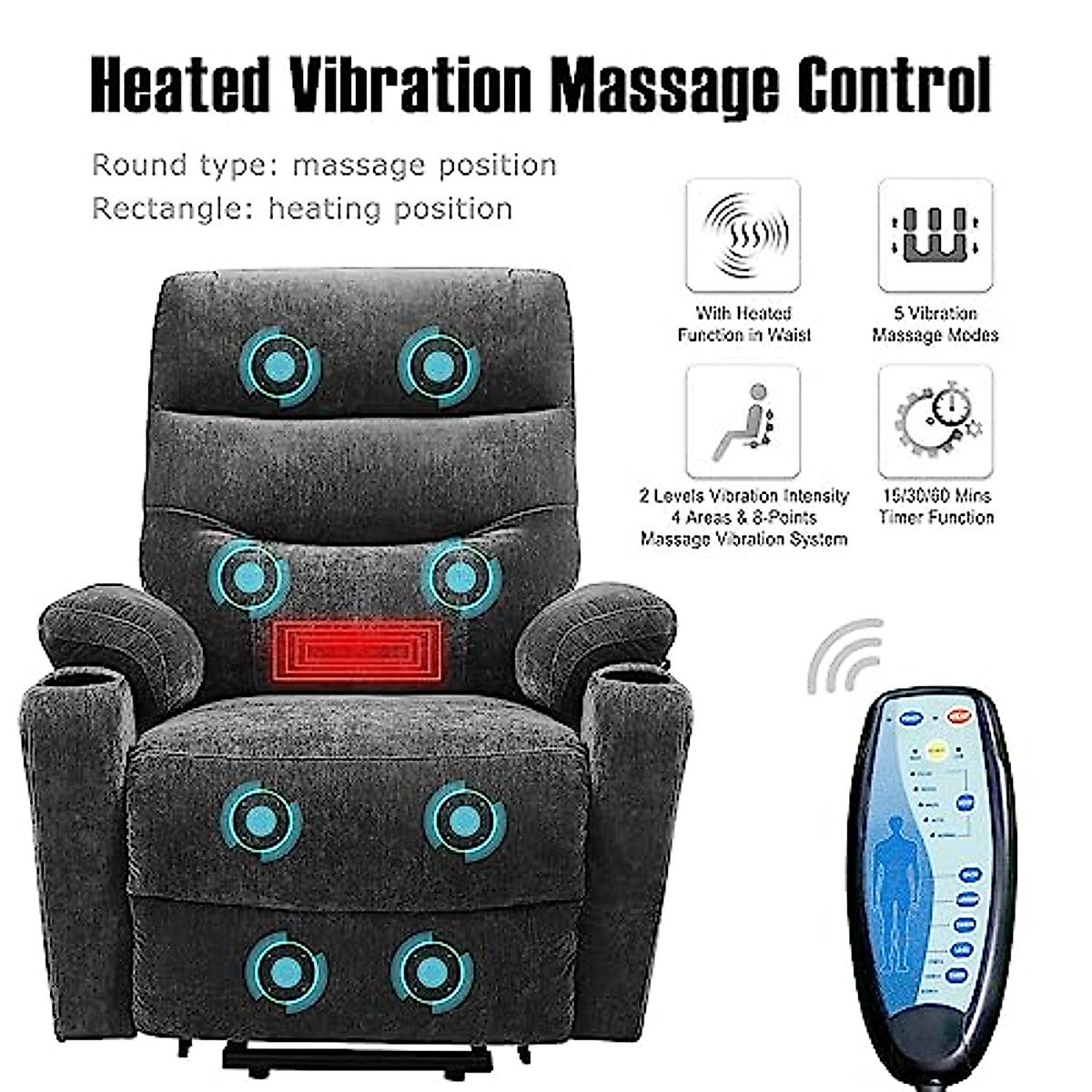 HLTIHOME Electric Power Lift Recliner Chair Sofa with Massage and Heat,3 Positions,2 Side Pockets and Cup Holders,USB Ports, High-end Quality Fabric for Home Living Room Bedroom (Grey)