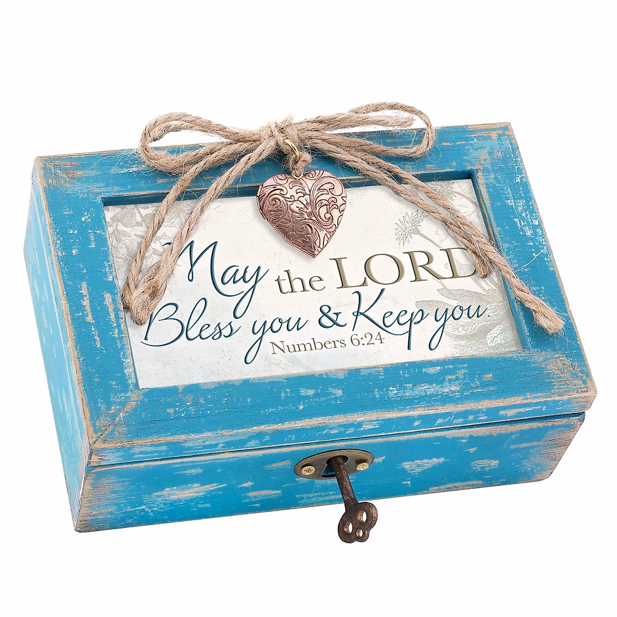 Cottage Garden Lord Bless and Keep You Petite Locket Distressed Teal Music Box Plays How Great Thou Art