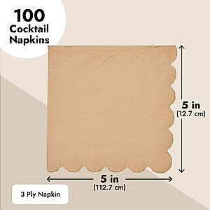 100 Pack Brown Paper Napkins with Scalloped Edges - 2-ply Disposable Cocktail Napkins for Wedding, Birthday Party (5x5 In)