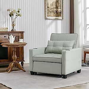 HForesty 3-in-1 Pull Out Sofa Bed, Convertible Chair Bed with USB Port, Sleeper Sofa Couch with 3-Level Adjustable Backrest, Sofa Bed Couch with Breathable Linen Fabric for Living Room, Green