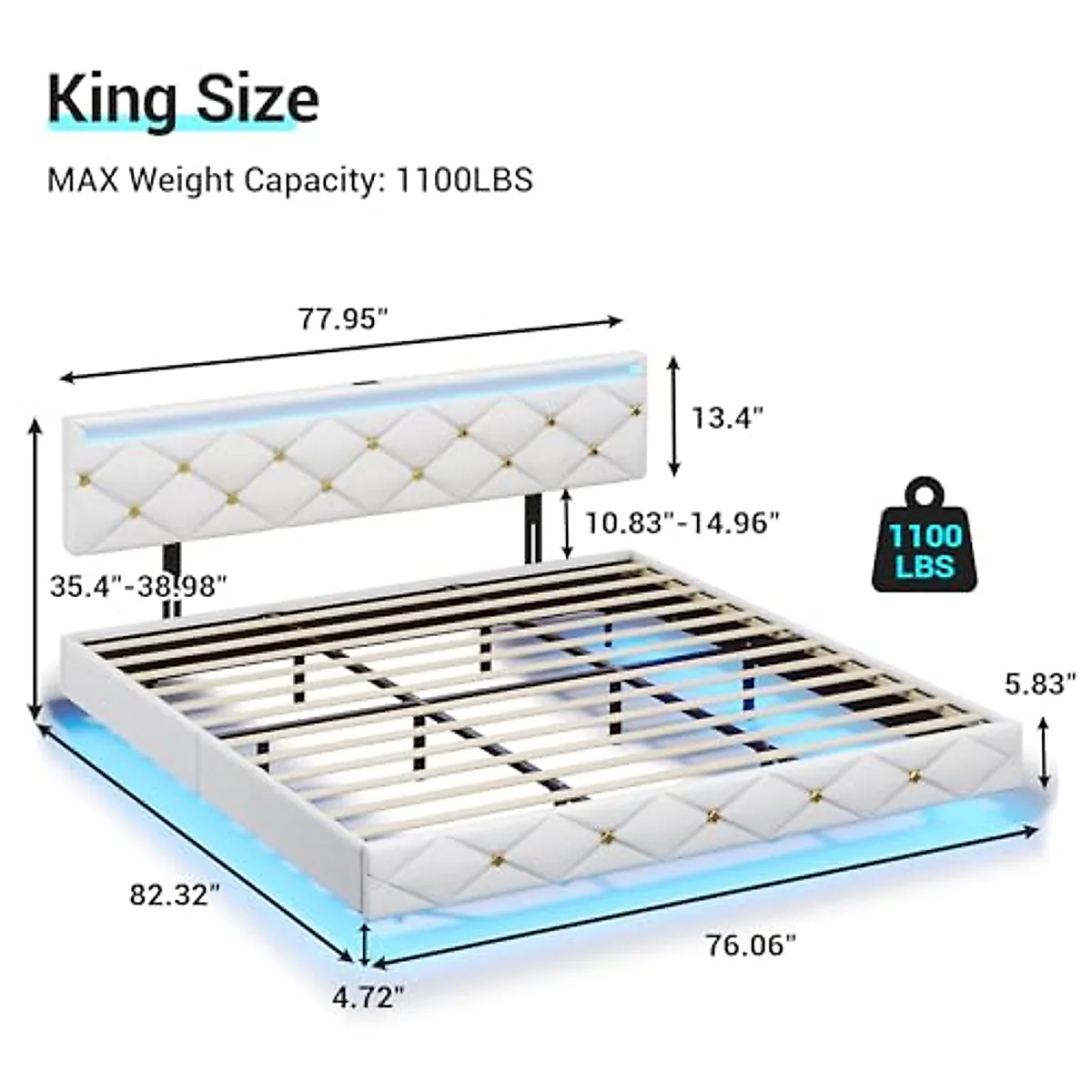 DICTAC Floating King Bed Frame with LED Lights and USB Ports Modern Upholstered Platform LED Bed Frame King Size with Headboard Faux Leather Low Profile Floating Bed Frame, No Box Spring Needed,White