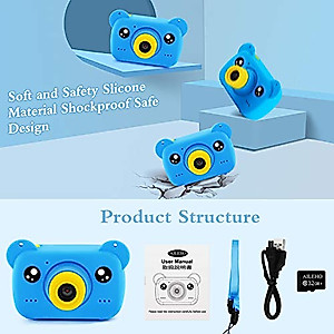 AILEHO Kids Camera for Boys Bear Cartoon Blue Child Video Camera Christmas Toy Birthday Gifts for 3-8 Year Old Starter Toddler Camera 8M 1080P with 32G Card LCD Screen 2.0"