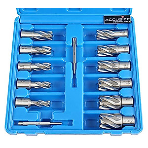 Accusize Industrial Tools 13 Pc 7/16'' to 1-1/16'' Hss Annular Cutters, 1'' Cutting Depth, 3/4'' Weldon Shank, with 2 Pilot Pins, Strong Box, N10