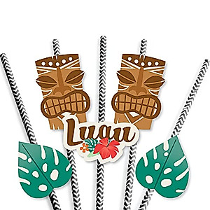 Big Dot of Happiness Tropical Luau - Paper Straw Decor - Hawaiian Beach Party Striped Decorative Straws - Set of 24
