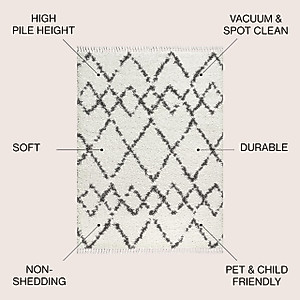 JONATHAN Y MCR102B-8 Mercer Shag Plush Tassel Moroccan Tribal Trellis Geometric Indoor Area-Rug Bohemian Contemporary Easy-Cleaning Bedroom Kitchen Living Room, 8 X 10, Cream/Grey