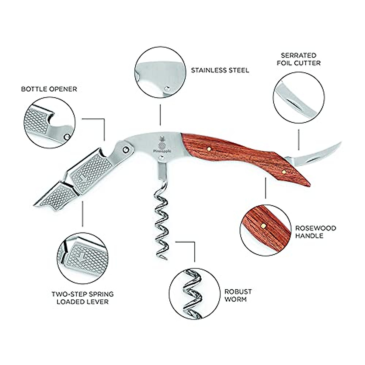 PINEAPPLE Professional Corkscrew Wine Bottle Opener with Foil Cutter Wine Key for Waiters, Servers, Bartenders, Sommeliers, Wine Lovers (Rosewood)