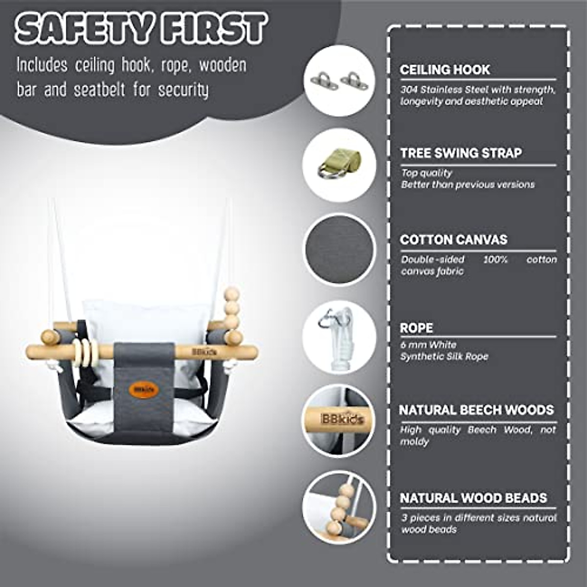 BBkids Indoor Baby Swing, Canvas Baby Swing, Wooden Hammock Hanging Swing Seat Chair with Safety Belt, Outdoor Kids Toddler Baby Tree Swing, Full Set of Ceiling Screws. (Grey)