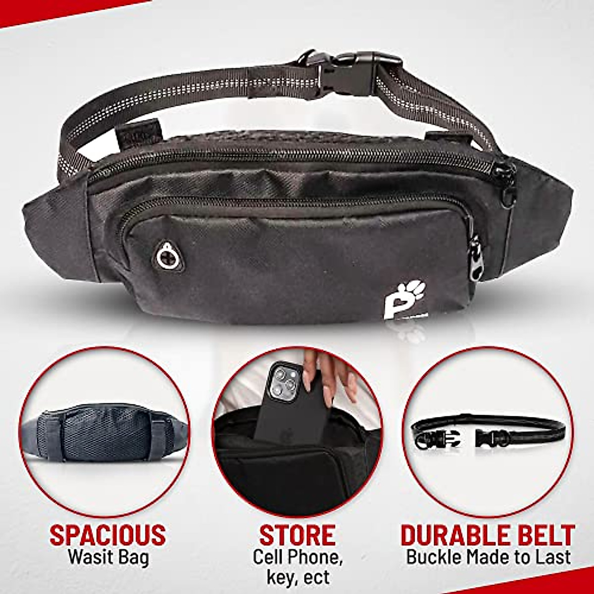 Hands Free Dog Leash for Medium and Large Dogs with Large Zipper Pouch - Adjustable Length 3mm Thick Double Bungee Leash, 2 Padded Handles Heavy Duty Leash (Red, 27-38 inches Waist)