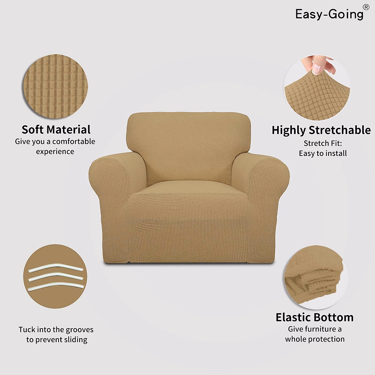 Easy-Going Stretch Chair Sofa Slipcover 1-Piece Couch Sofa Cover Furniture Protector Soft with Elastic Bottom for Kids, Pet. Spandex Jacquard Fabric Small Checks (Chair, Golden)